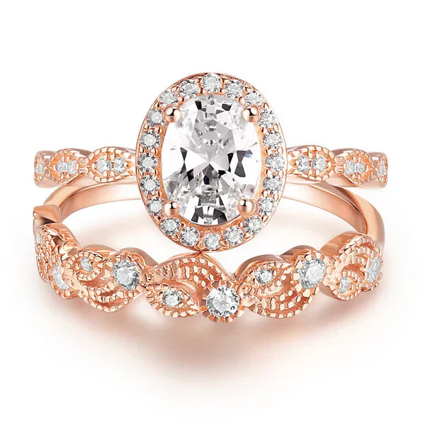 Vintage Rose Gold Color Halo Ring Set with Oval Crystal – Ivory Bloom