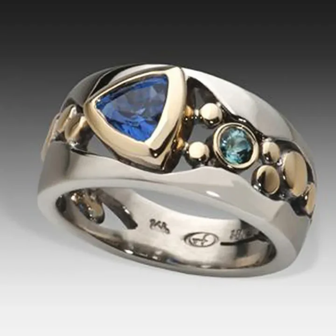 Celestial Blue Trillion Gem Ring with Golden Accents – Ivory Bloom
